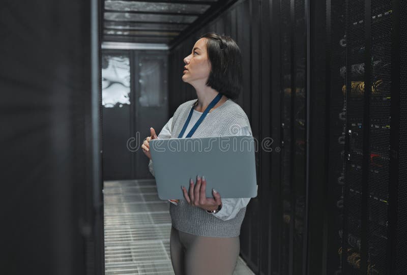 Woman with Laptop, Server Room and Information Technology, Engineer and ...
