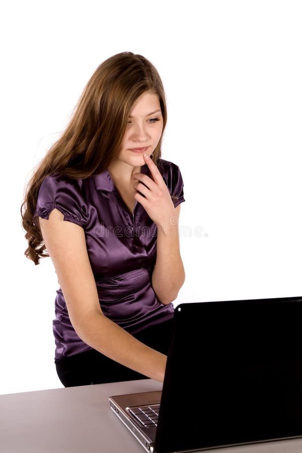 Woman at laptop thinking stock photo. Image of office - 12198664