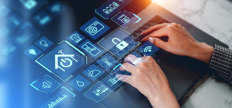 Woman with Laptop Using Smart Home Program Stock Image - Image of ...