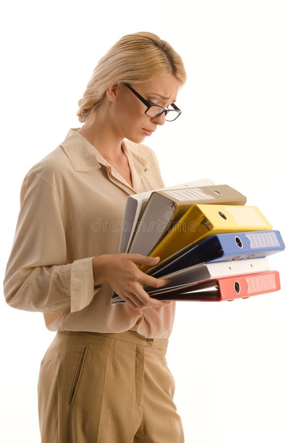 Woman with Large Pile of Binders Stock Image - Image of glasses ...