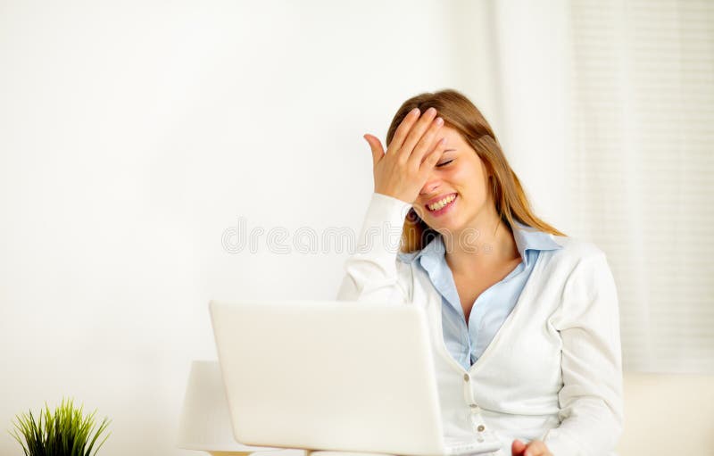 Woman Laughing Alone while is Using on Laptop Stock Photo - Image of ...