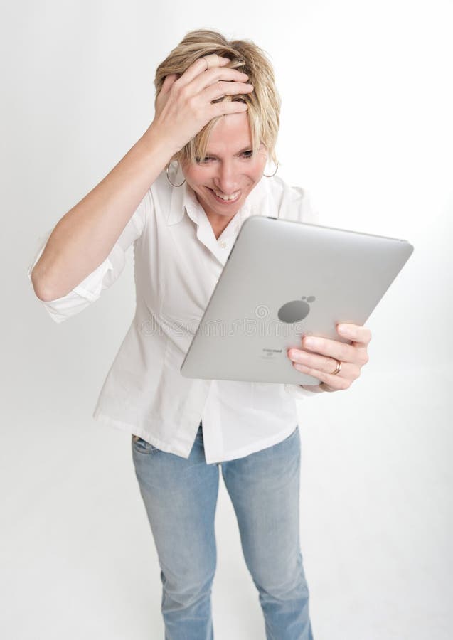 Woman Laughing with PC Tablet Stock Image - Image of information, data ...