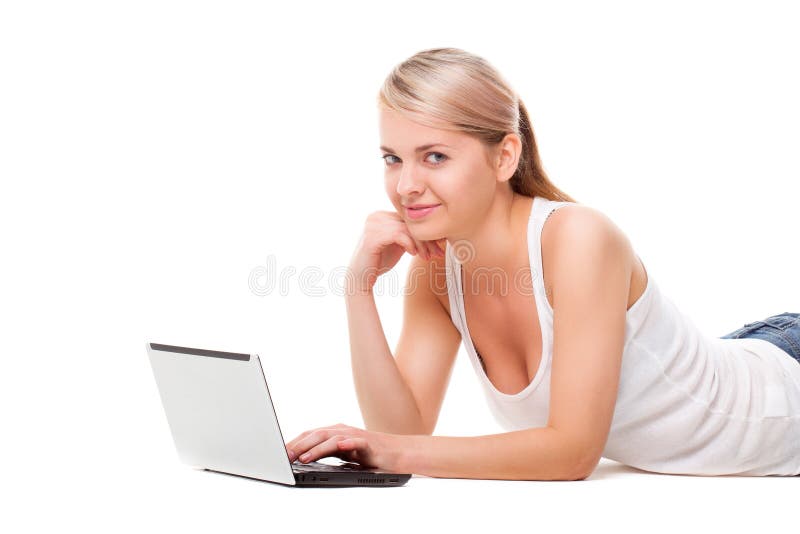 Woman Laying on the Floor with Laptop Stock Image - Image of concepts, joyful: 20787961