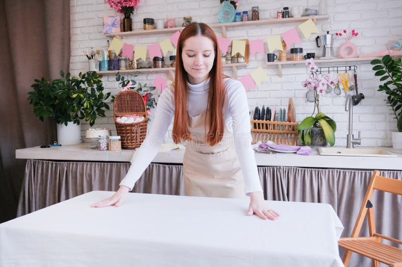 Caucasian Woman Laying Table White Tablecloth Stock Photos - Free ...
