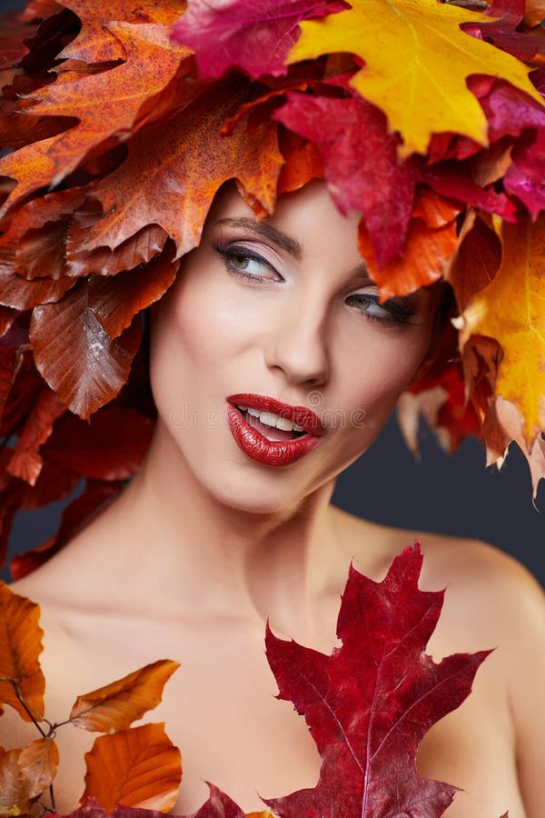 Woman with Leafs on Head in Autumn Concept Stock Photo - Image of face ...