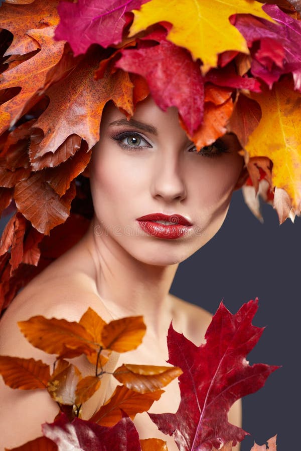 Woman with Leafs on Head in Autumn Concept Stock Image - Image of ...