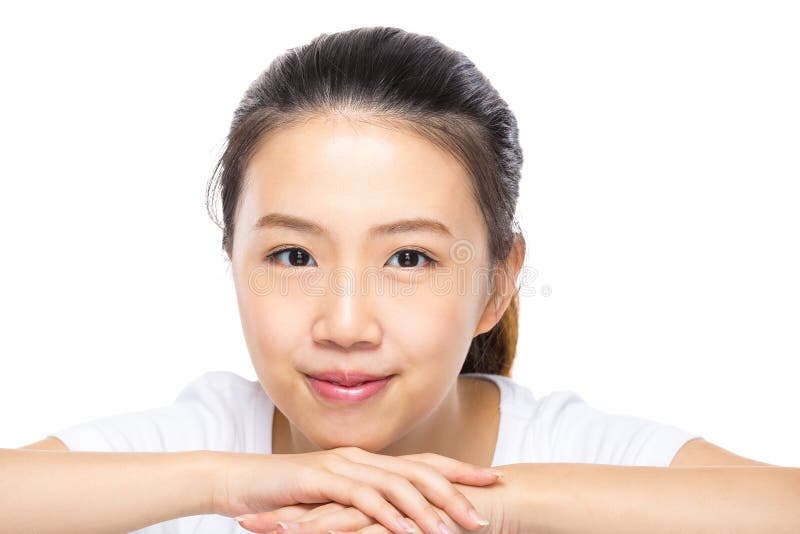 Young Woman with Two Finger Point Up Stock Image - Image of studio ...