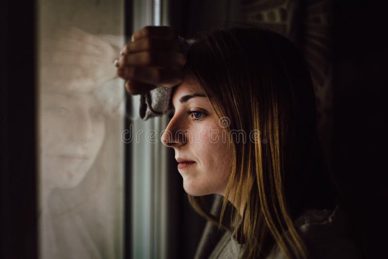 Woman Leaning On Glass Window Picture. Image: 117200592