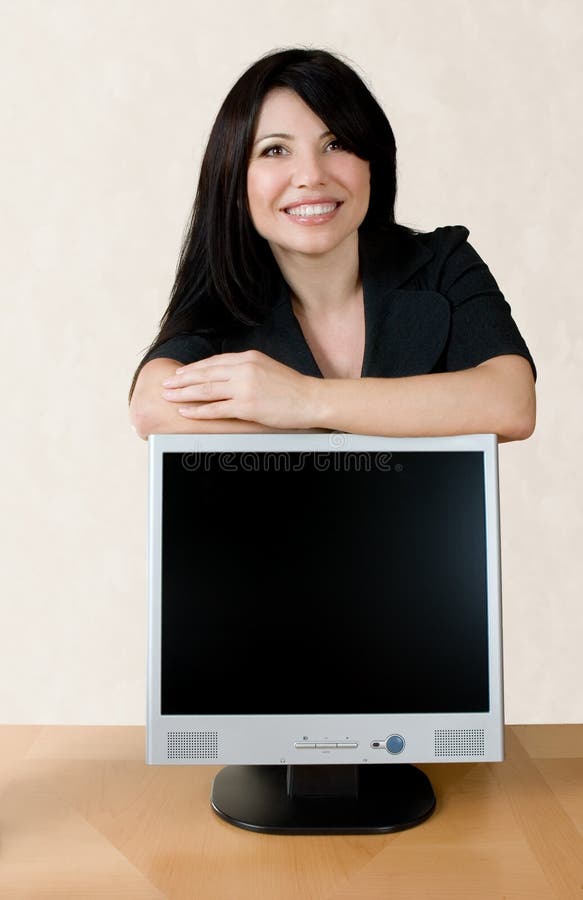 Woman Leaning on Lcd Screen Stock Image - Image of studio, computing ...