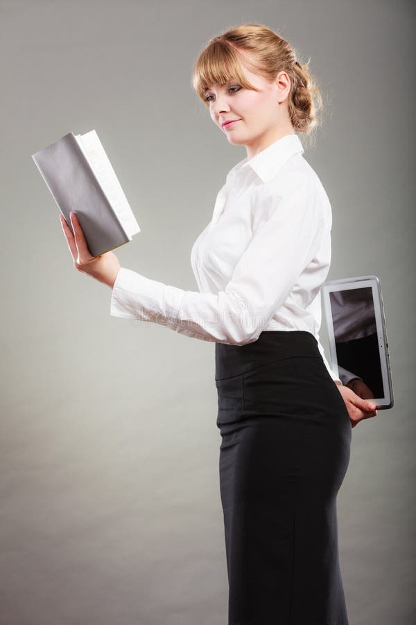 Woman Learning with Ebook and Book. Education. Stock Photo - Image of ...