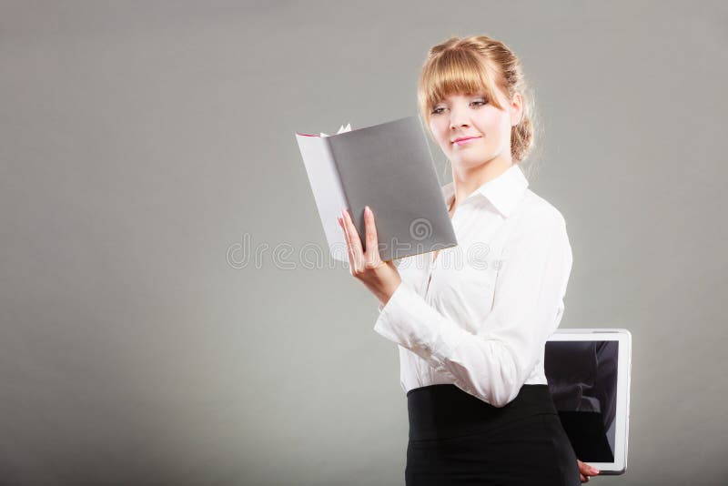 Woman Learning with Ebook and Book. Education. Stock Photo - Image of ...