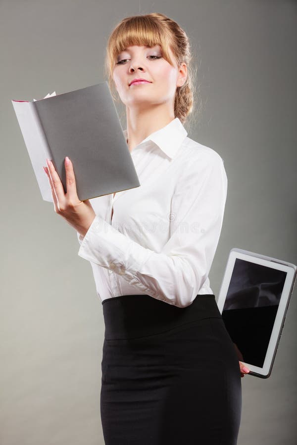 Woman Learning with Ebook and Book. Education. Stock Photo - Image of ...