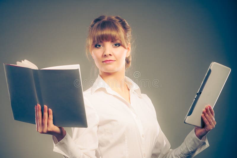 Woman Learning with Ebook and Book. Education. Stock Image - Image of ...