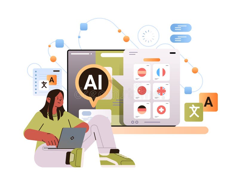 Woman Learning Foreign Language in Computer App with Ai Helper Bot ...