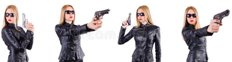 The Woman in Leather Costume with Gun Isolated on White Stock Image ...