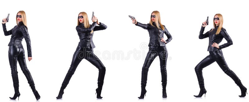 The Woman in Leather Costume with Gun Isolated on White Stock Image ...