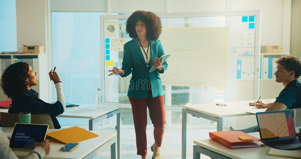 Woman, Lecturer and Tablet with Question in Class for Education ...
