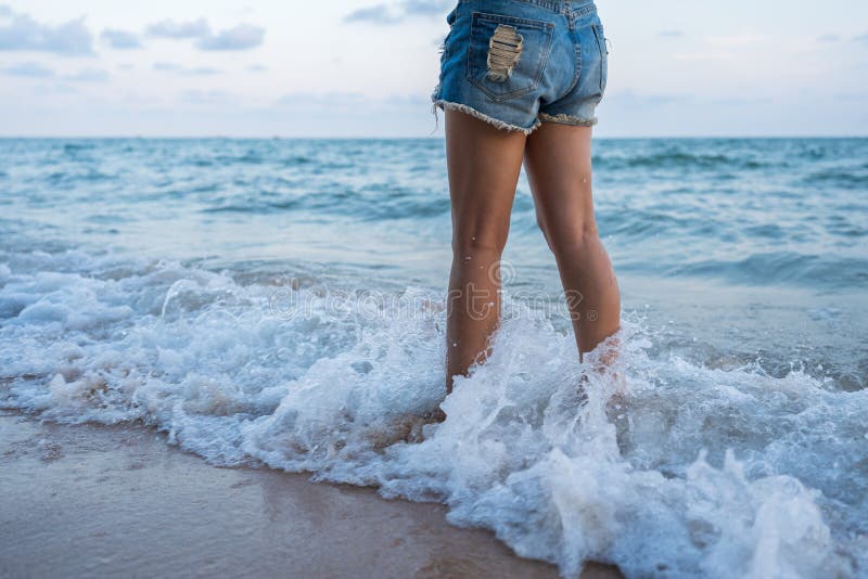 Woman Leg With Sea Wave Splashing On Beach Stock Image Image Of