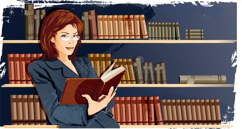 Woman in Library Reading and Searching Books. Stock Vector ...