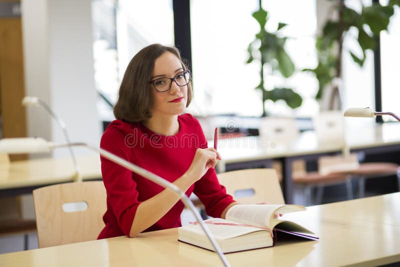 Woman in Library Hold Pencil at Hand Stock Image - Image of design ...