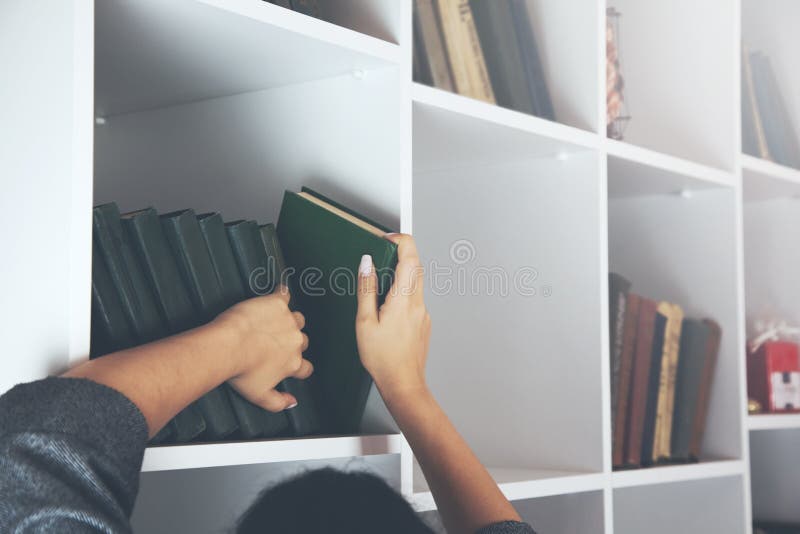 Woman in Library Reading a Book Stock Image - Image of hand, woman ...