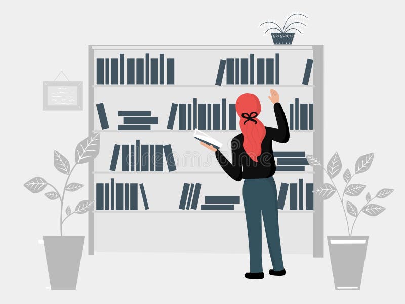 Woman in Library Reading and Searching Books. Stock Vector ...