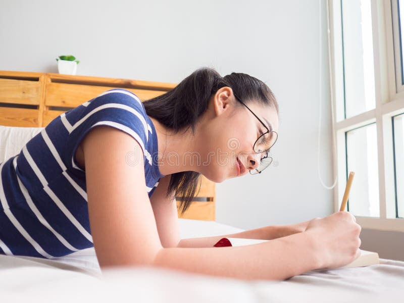 Woman Lie on Bed and Read Book. Stock Image - Image of comfort ...