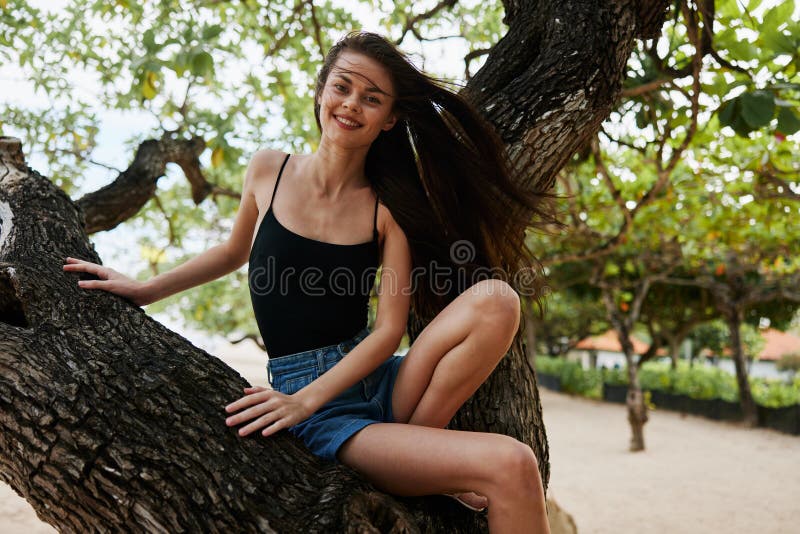Woman Lifestyle Smiling Sitting Relax Girl Sky Vacation Sea Tree Nature