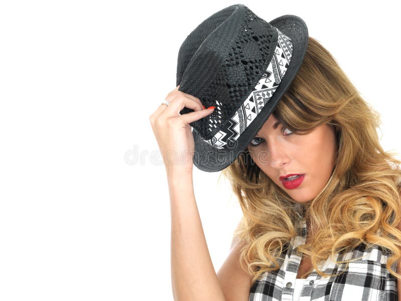 Woman Lifting Black Tilbury Hat Stock Photo - Image of lifting, girl ...