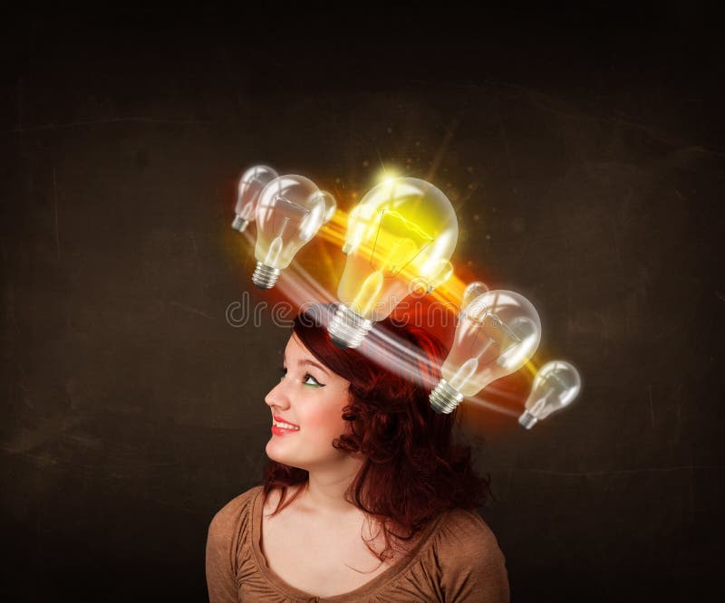 Woman with Light Bulbs Circleing Around Her Head Stock Image - Image of ...