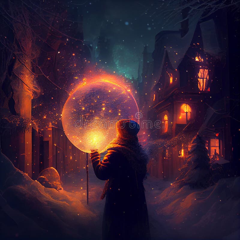 Woman with Light in Magic Night Town. Generative AI Stock Illustration ...