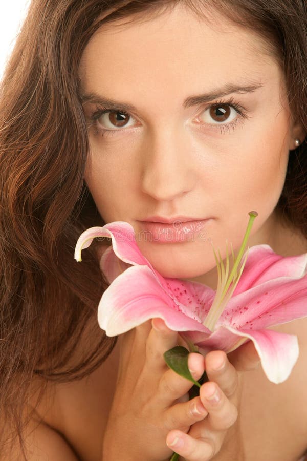 Woman with lily stock photo. Image of eyed, brunette - 11679124