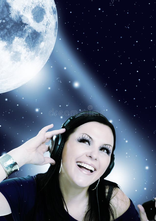 Woman Listening Music in the Moon Light Stock Photo - Image of dust ...