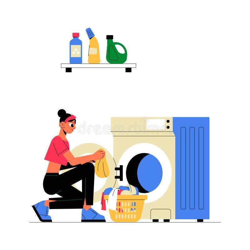 Woman Loading Clothes into Washing Machine with Detergents on Shelf in ...