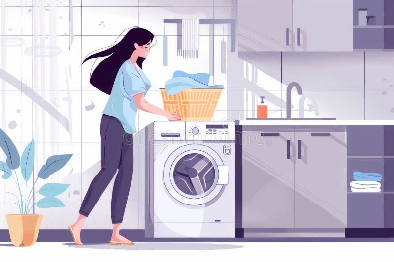A Woman is Loading the Washing Machine with Laundry, Adding Garments ...