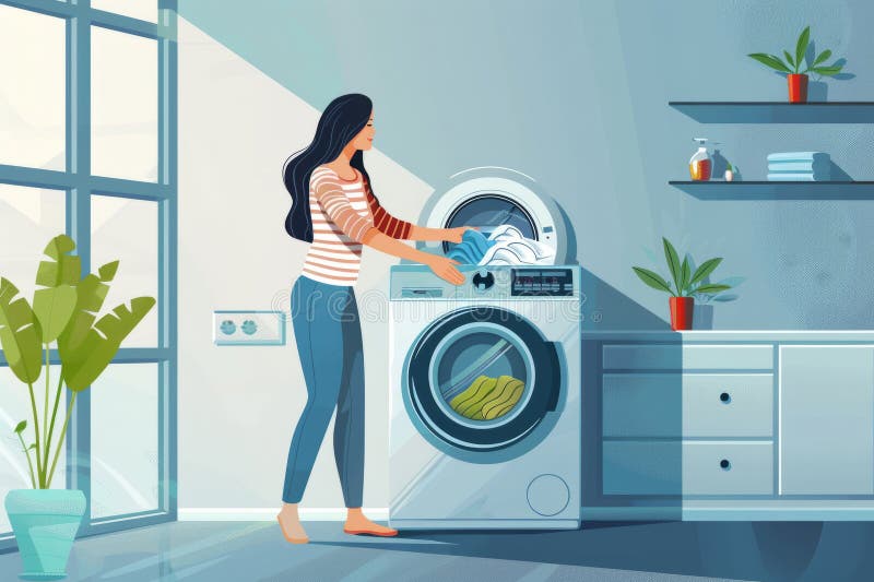 A Woman is Loading the Washing Machine with Laundry, Adding Garments ...