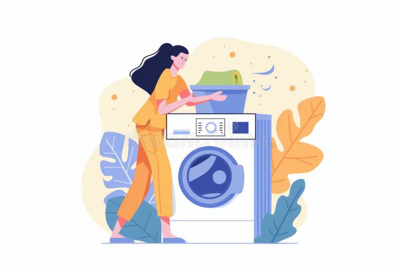 A Woman is Loading the Washing Machine with Laundry, Adding Garments ...