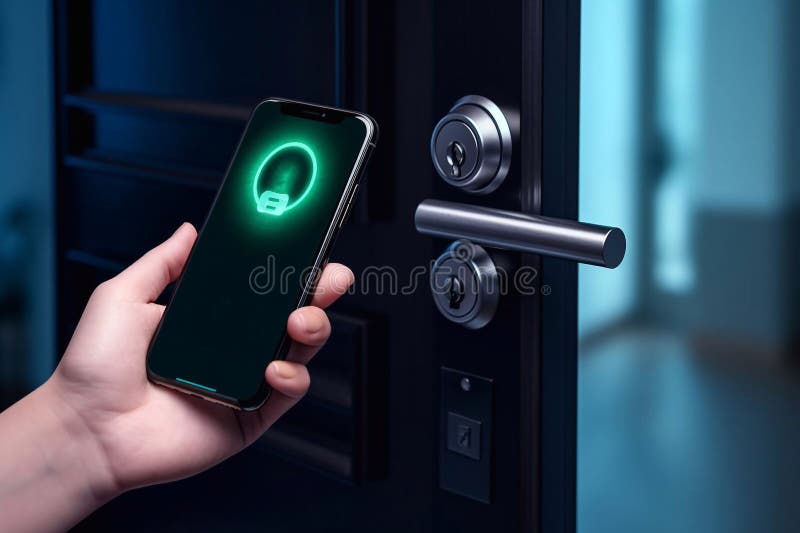 Woman Locking Smartlock on the Entrance Door Using a Smart Phone ...