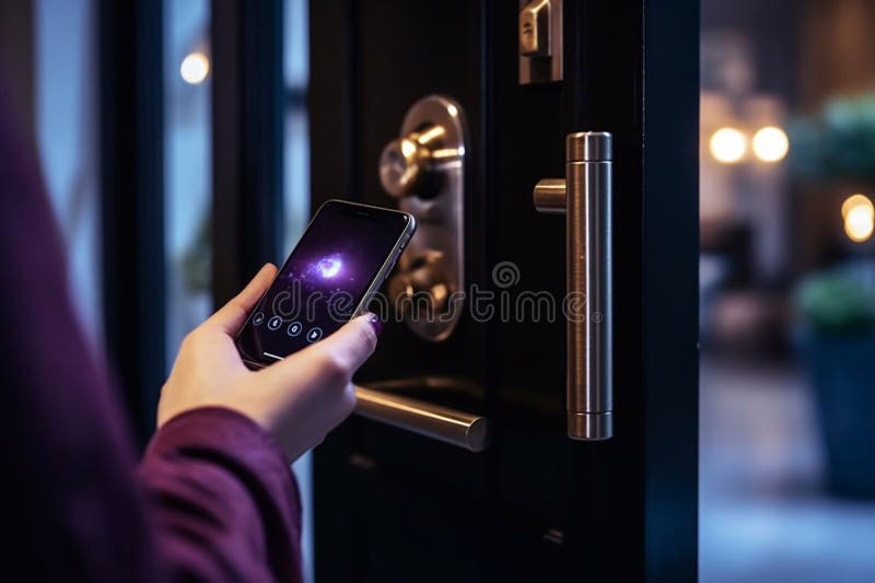Woman Locking Smartlock on the Entrance Door Using a Smart Phone ...