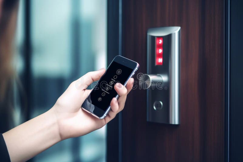 Woman Locking Smartlock on the Entrance Door Using a Smart Phone ...