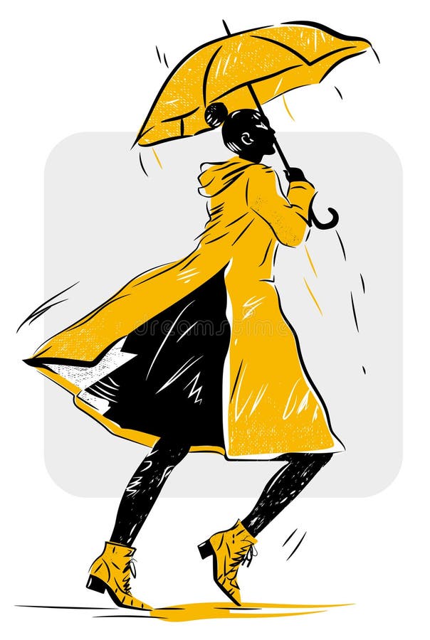 Woman in Long Coat Hurries with Umbrella in Rain Stock Vector ...