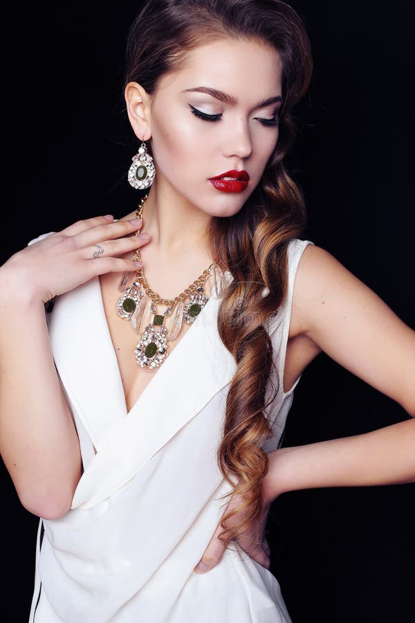 Woman Long Dark Curly Hair Wears Luxurious Necklace Elegant Dress Stock