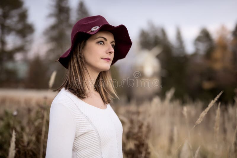 Woman with Long Hair, Fedora Hat Stock Image - Image of melancholic ...