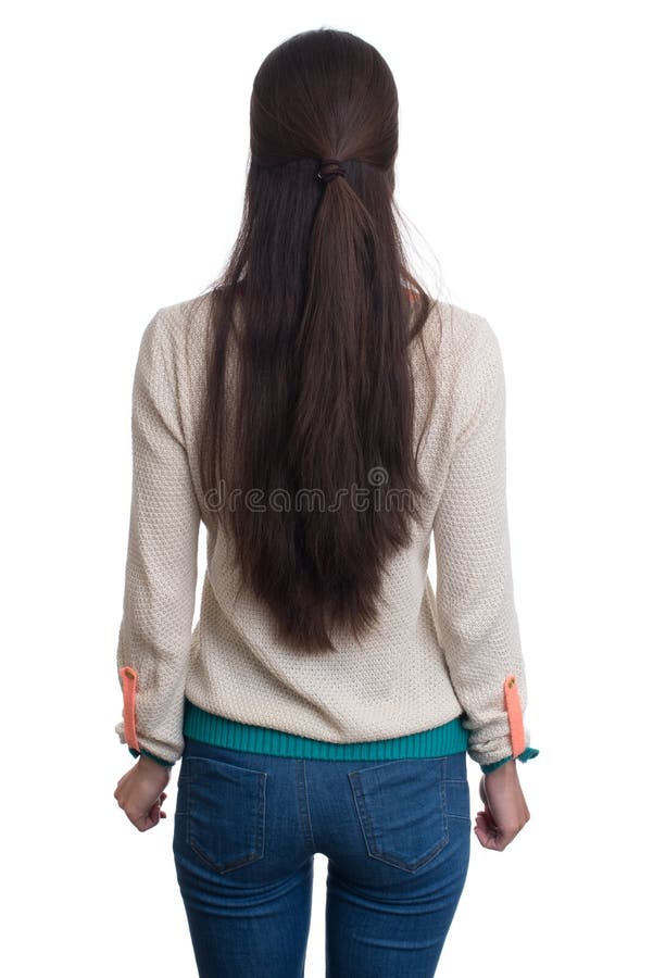 Woman with Long Hair Standing Back. Isolated Stock Image - Image of ...