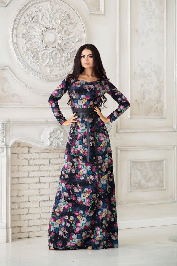 Woman in Long Maxi Dress in Studio Stock Image - Image of green, maxi ...