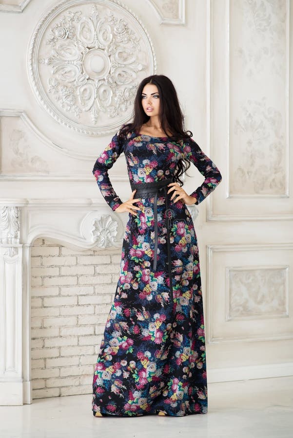 Woman in Long Maxi Dress in Studio Stock Image - Image of beautiful ...