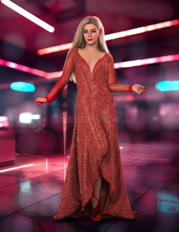 Woman in Long Red Dress on Stage Stock Illustration - Illustration of ...