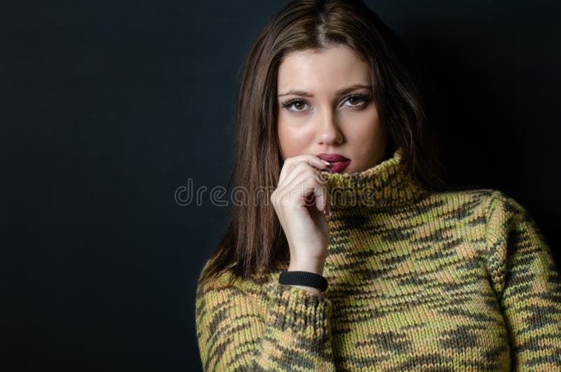 Woman With A Long Straight Hair Wear Wool Pullover Stock Image Image