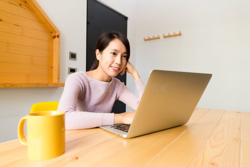 Woman Look at Computer at Home Stock Photo - Image of computer, home ...