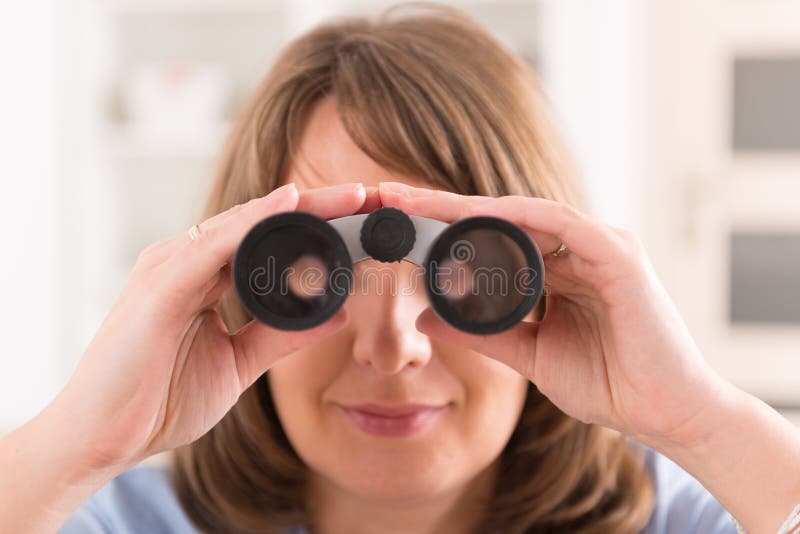 Woman Looking through Binocular Stock Image - Image of look, happy ...